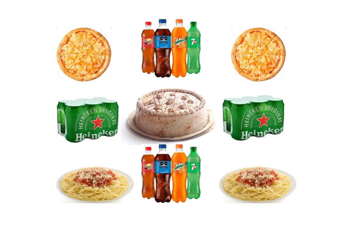 Pura Fiesta - 2 Pizzas, 2 Espaguetis, Torta, 8 Refrescos y 12 Cervezas ...